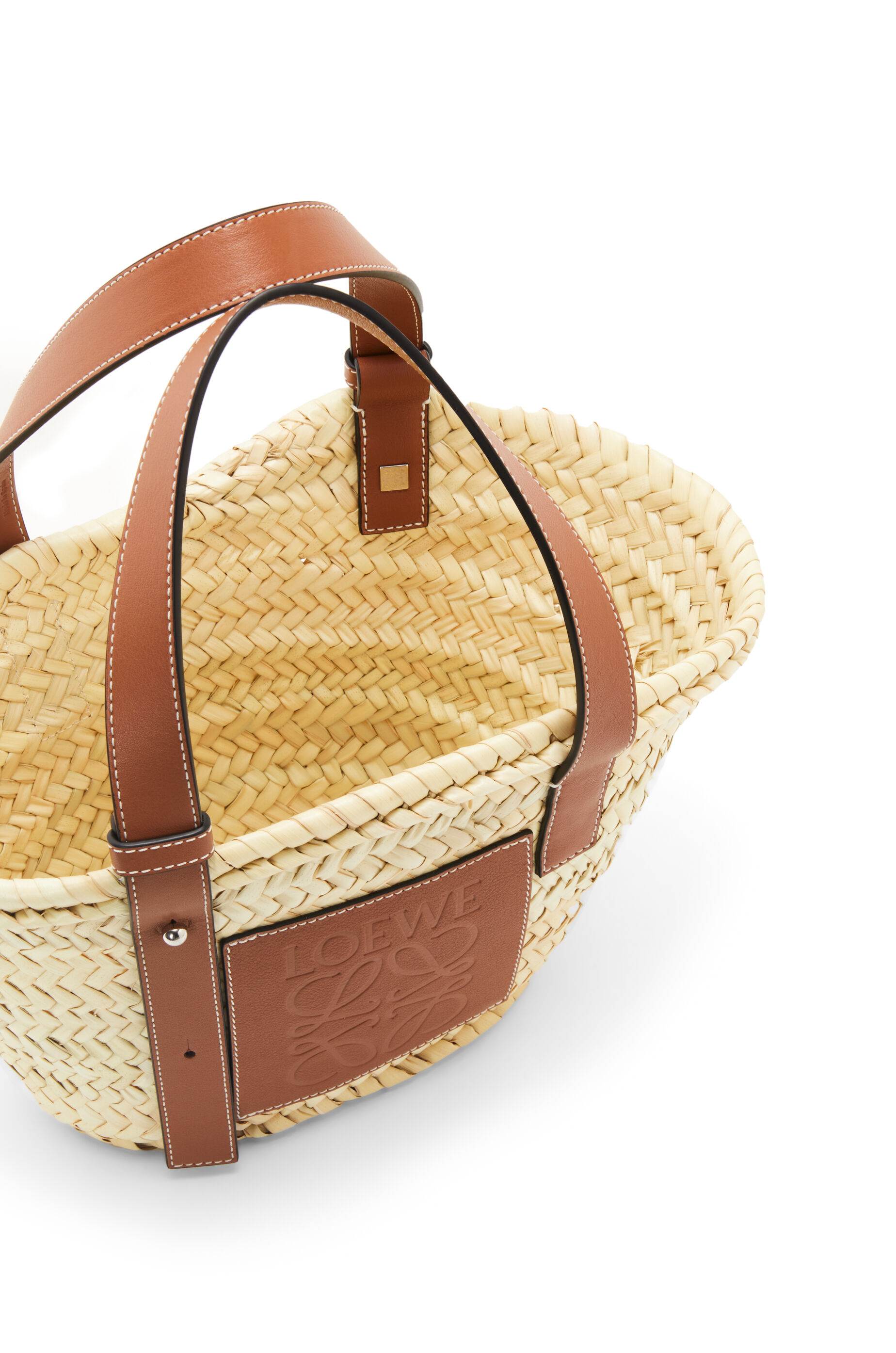 Small Basket bag in palm leaf and calfskin Natural/Tan - LOEWE