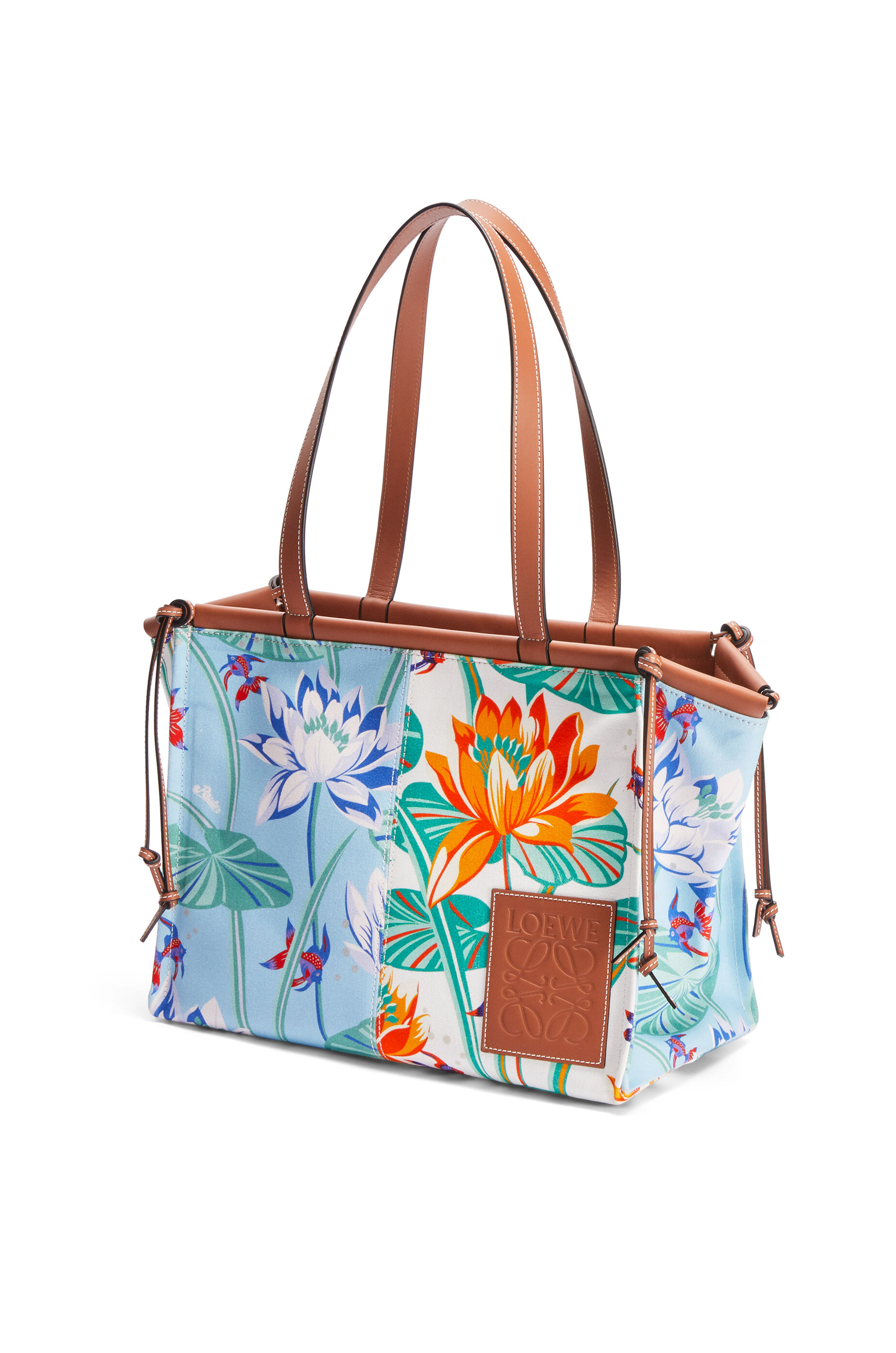 Cushion Tote bag in printed canvas and calfskin Aqua/White - LOEWE