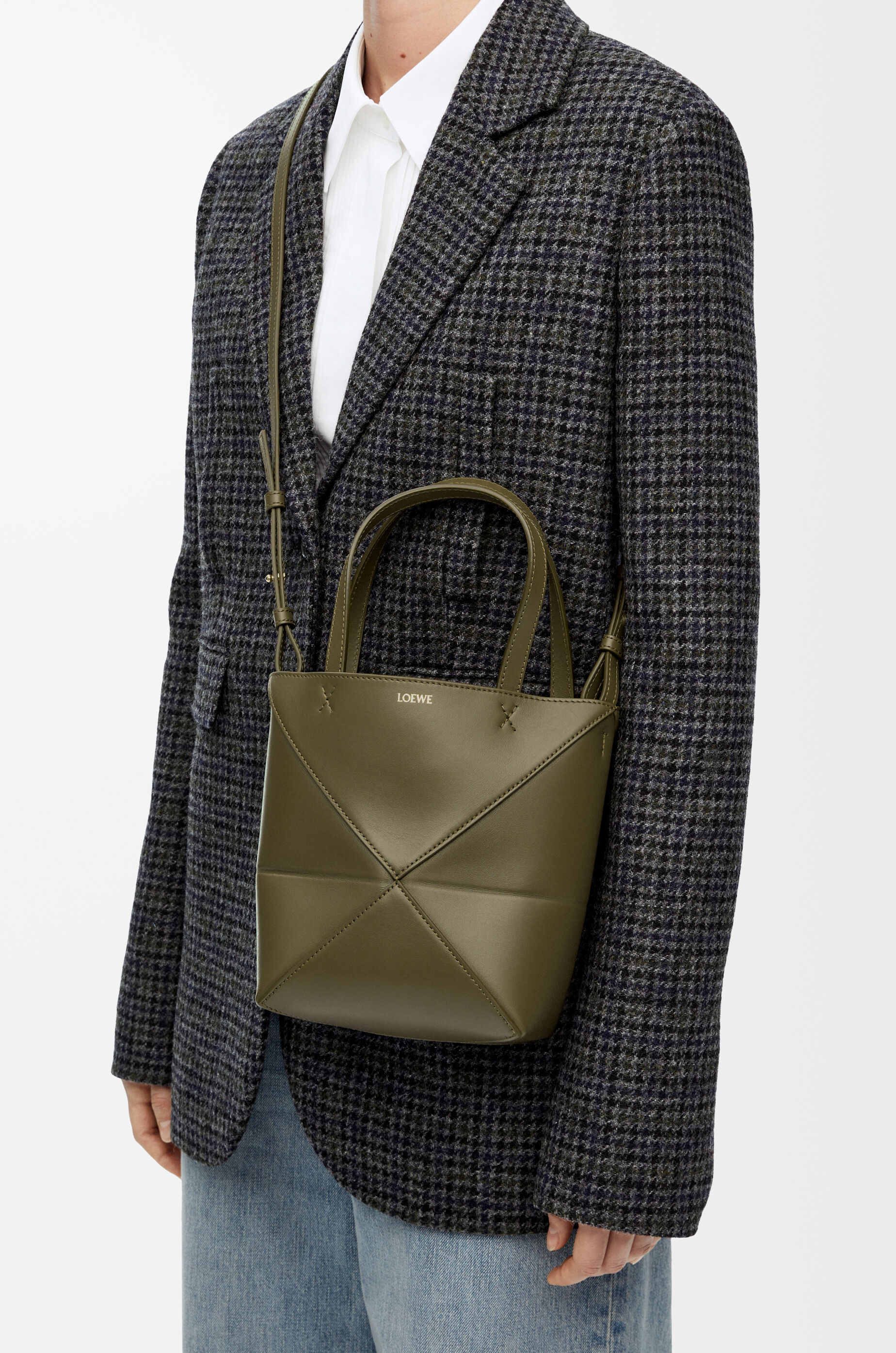 Mini Puzzle Fold Tote in shiny calfskin Dark Khaki Green - LOEWE