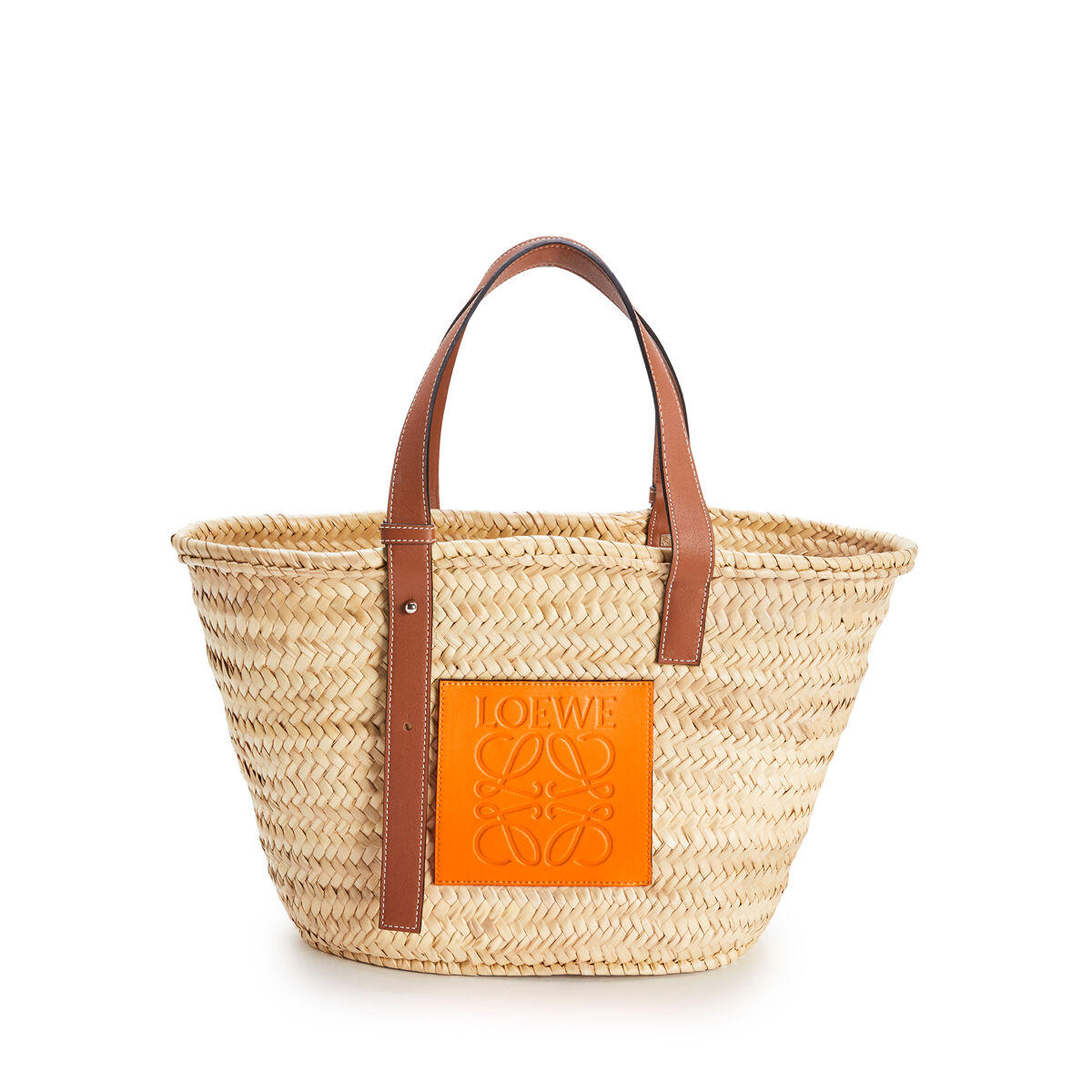 Basket Bag In Palm Leaf And Calfskin Natural/Neon Orange - LOEWE