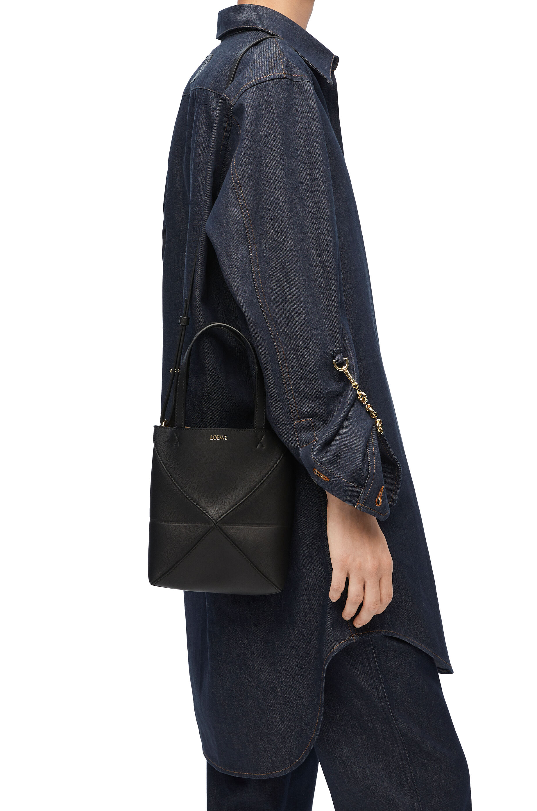 Mini Puzzle Fold Tote in shiny calfskin Black - LOEWE