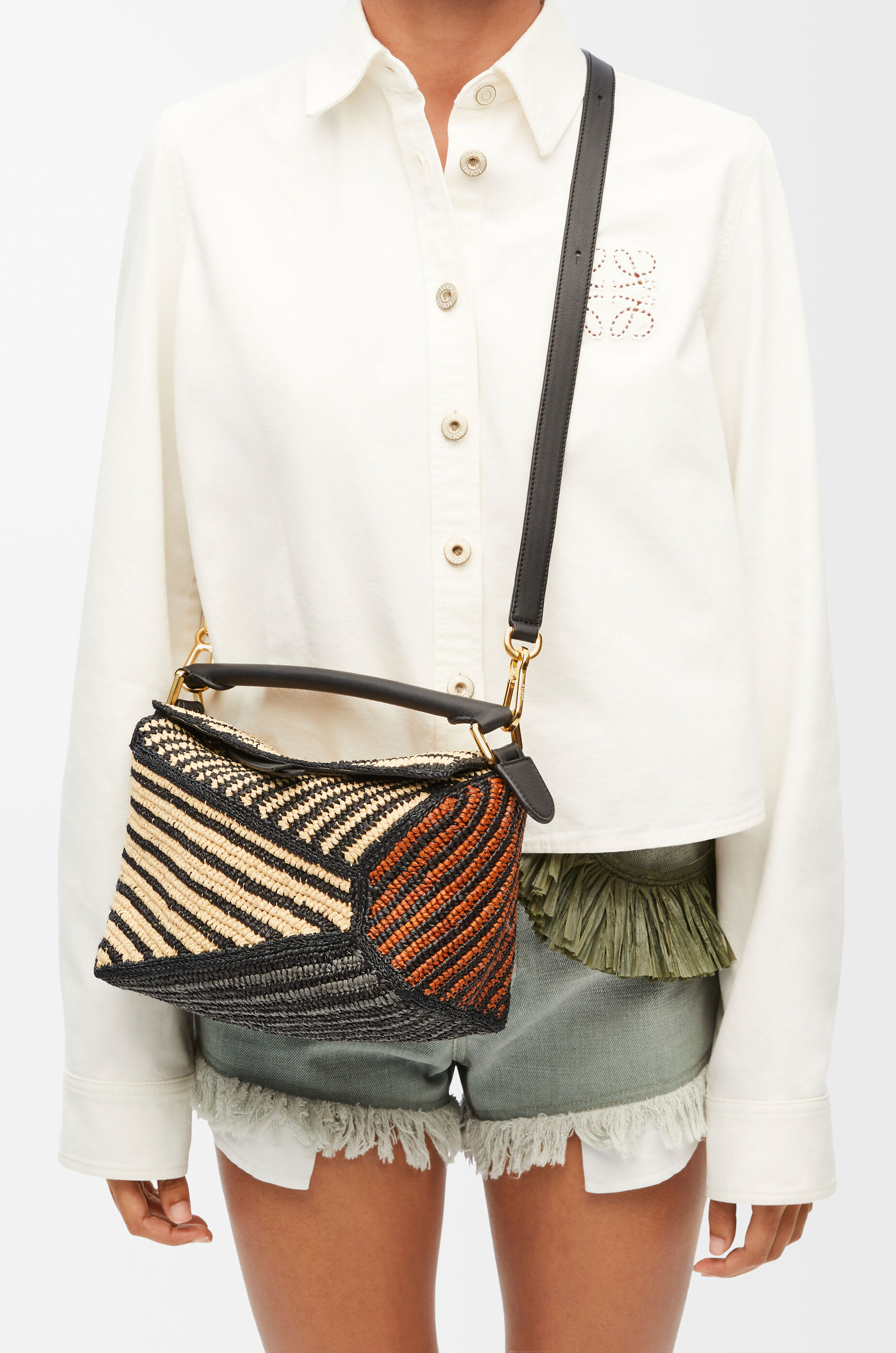 Small Puzzle Edge bag in raffia and calfskin Natural/Honey Gold - LOEWE