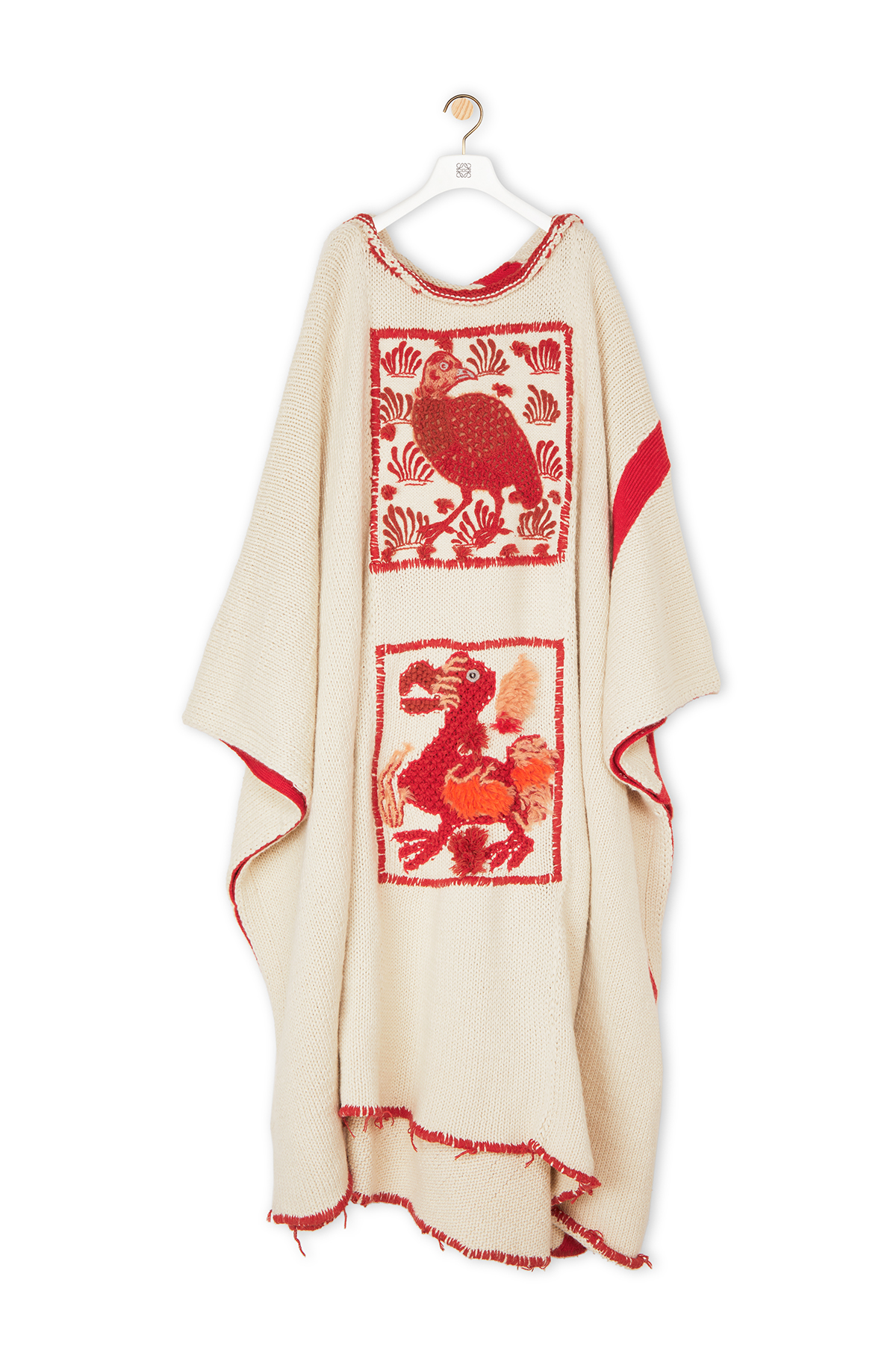Embroidered Knit Poncho Animals White/Red - LOEWE